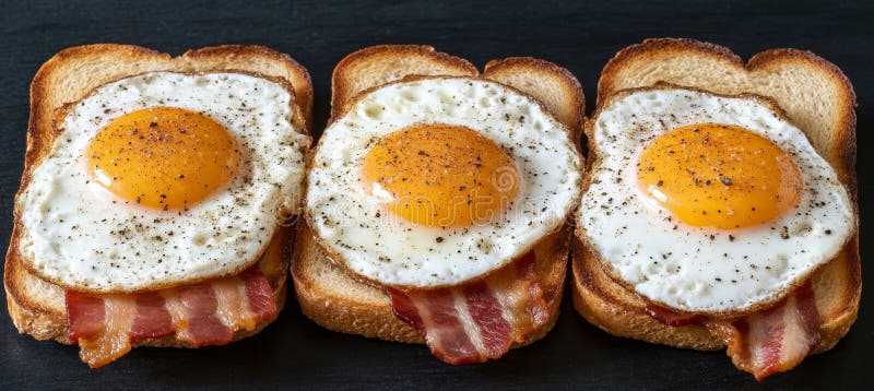 Three Toasts with Fried Eggs and Bacon on a Black Background, Top View ...