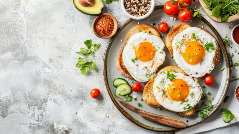 Three Toasts with Fried Eggs, Cherry Tomatoes, Avocado, and Herbs on a ...