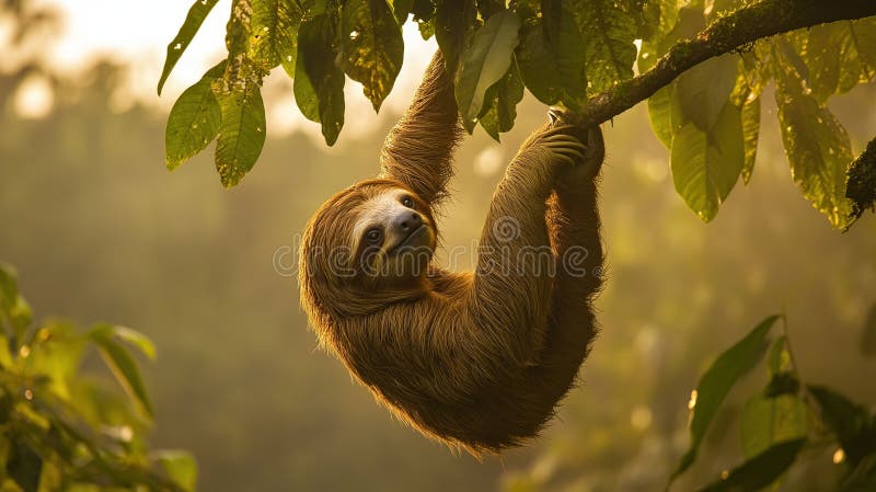 A Three-toed Sloth Hanging from a Tree Branch at Sunrise Stock ...