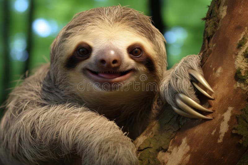 Three Toed Sloth in Tree in Rainforest. Close Up Portrait of a Sloth ...