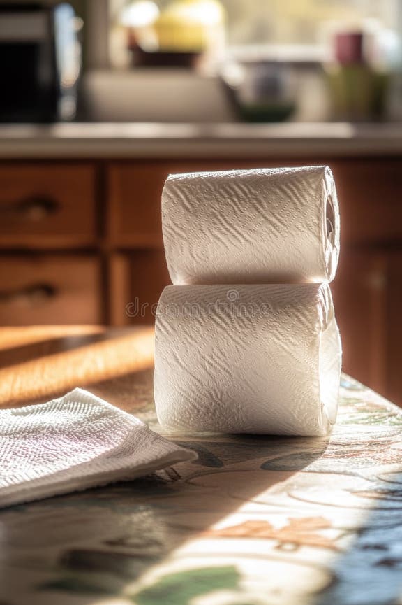 Three Toilet Paper Rolls Sit on a Kitchen Counter, Ready for Use Stock ...