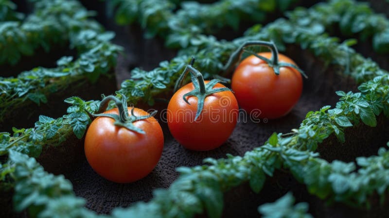 Three Tomatoes are Growing in a Row of Plants, AI Stock Image - Image ...