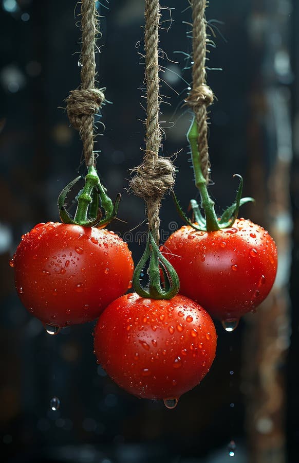 Three Tomatoes Hang on Rope in the Rain Stock Photo - Image of tasty ...
