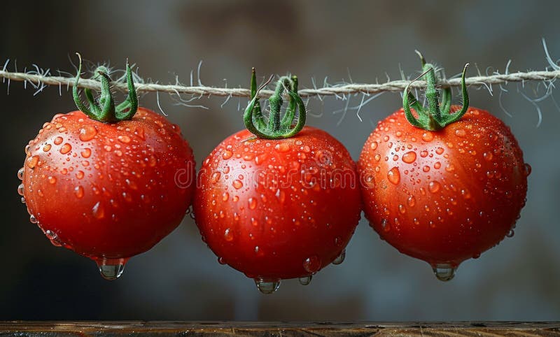 Three Tomatoes Hanging on Rope with Water Drops Stock Image - Image of ...