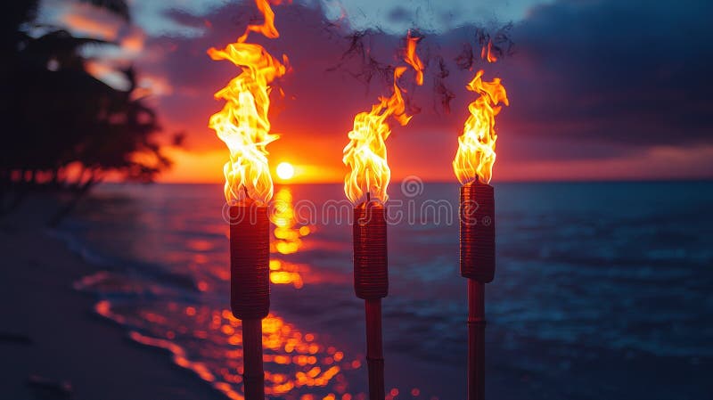 Three Torches Burning Brightly on Beach at Sunset, Creating Warm Glow ...