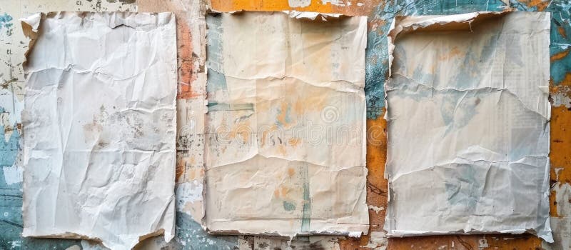 Three Torn Paper Pieces Rest on a Wood Wall Creating an Artistic Facade ...