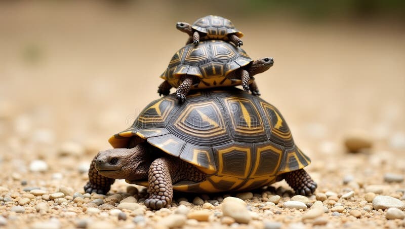 Three Tortoises Stacked on Top of Each Other on a Pebble-covered Ground ...