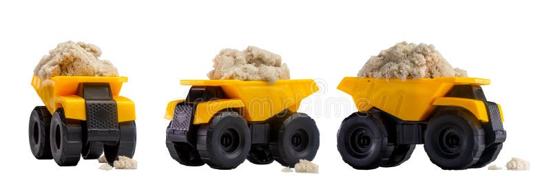 Three Toy Dump Trucks Loaded with Kinetic Sand. Stock Image - Image of ...