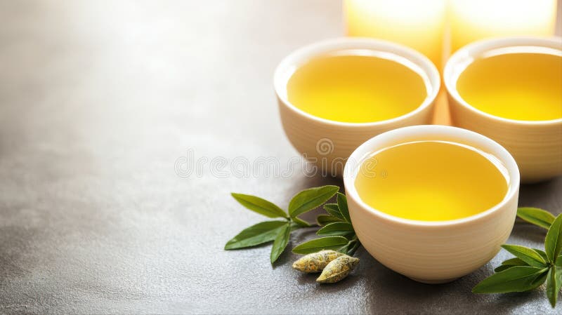 Three Traditional Chinese Cups Filled with Herbal Tea and a Few Leaves ...