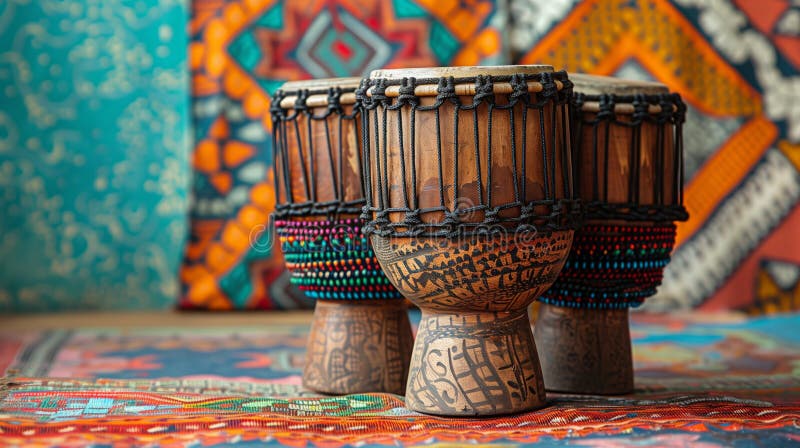 Three Traditional so Drums on a Colorful Patterned Fabric Stock Image ...
