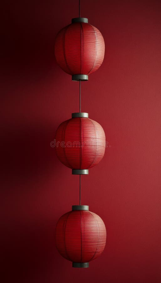 Three Traditional Red Paper Lanterns in Vertical Row Decoration on Red ...