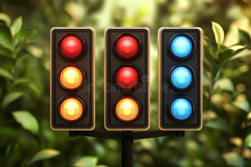 Three Traffic Lights Showing Different Colors in a Green Environment ...