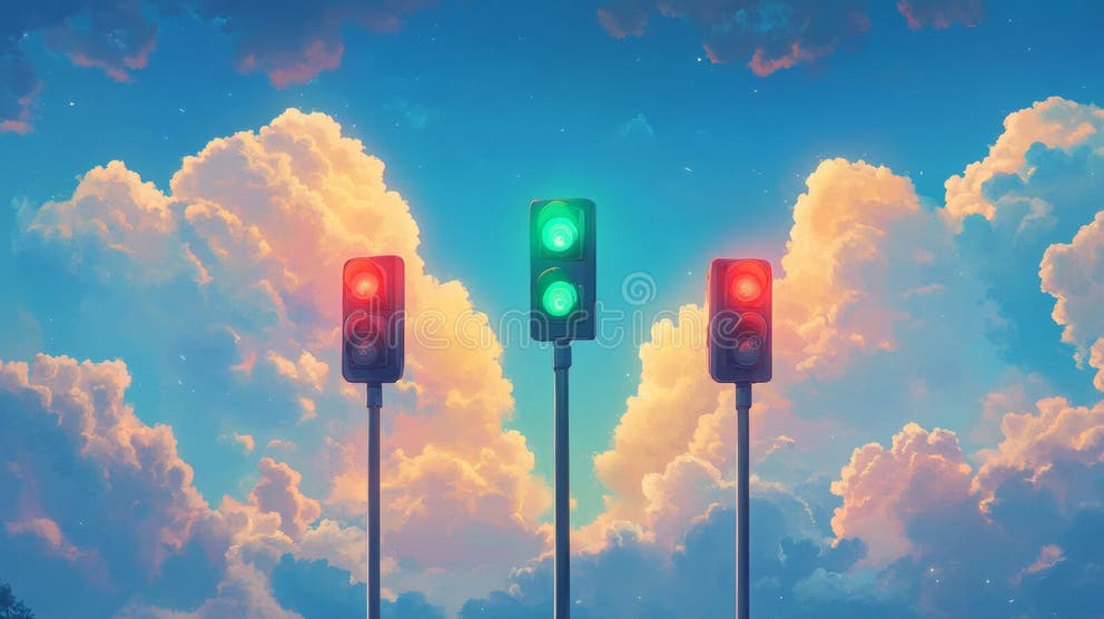 Three Traffic Lights Under a Pastel Sunset Sky Stock Illustration ...