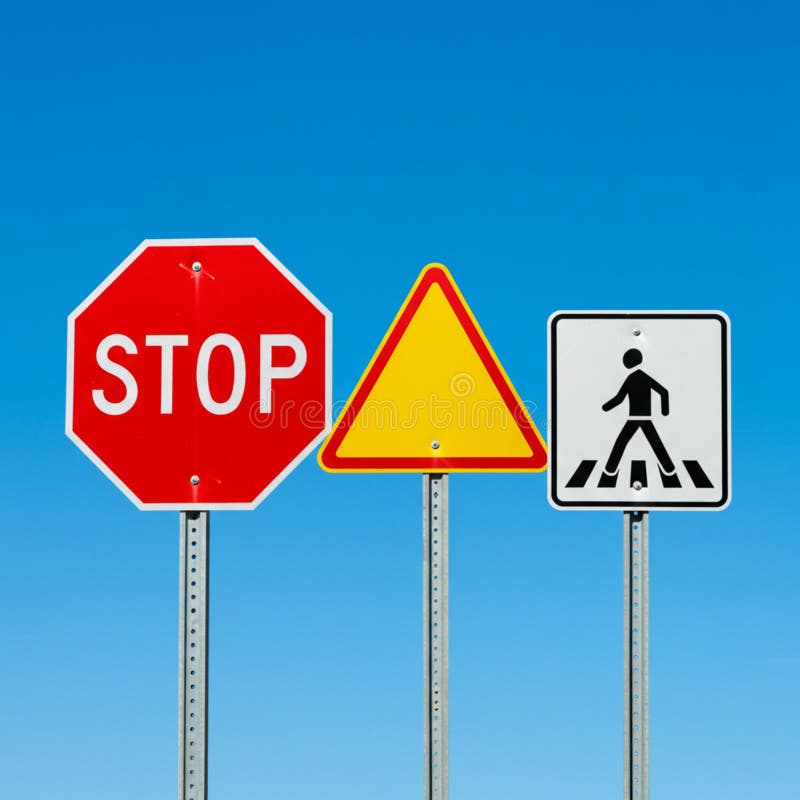 Three Traffic Signs Against a Clear Blue Sky: a Red Octagonal Stop Sign ...