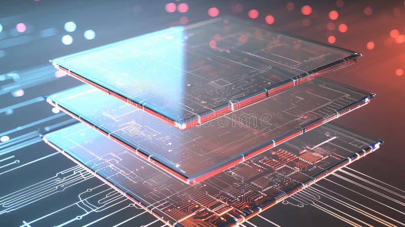 Three Translucent Circuit Boards Stacked on Top of Each Other, with a ...