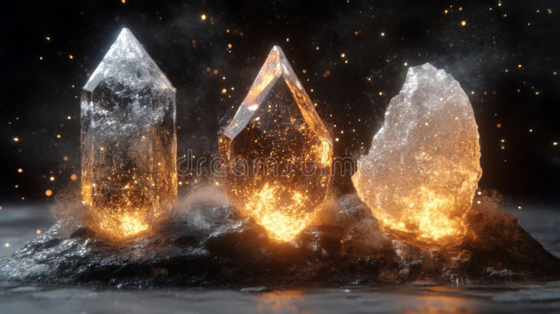 Three Translucent Crystals Adorned with Golden Glowing Particles on ...