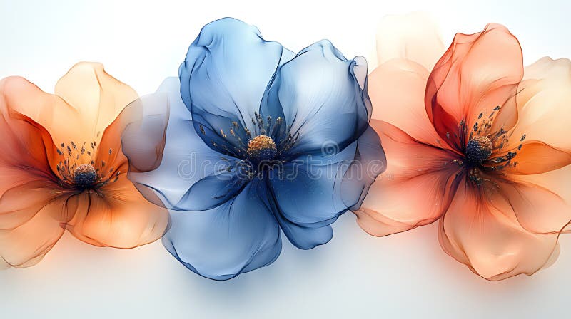 Three Translucent Flowers in Blue, Orange, and Red Hues on a White ...