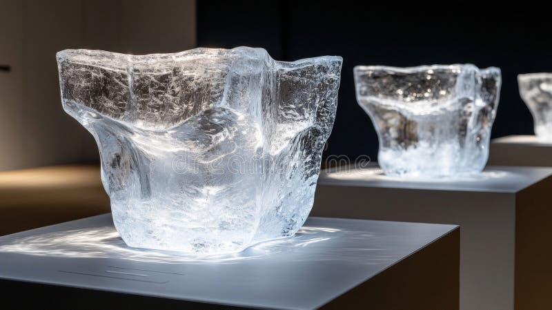 Three Translucent Glass Sculptures on Beige Platforms Stock ...