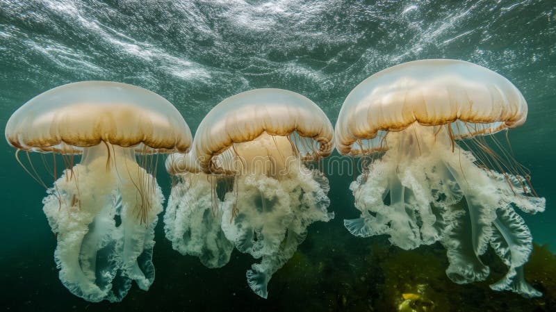 Three Translucent Jellyfish Underwater in Dark Ocean Stock Illustration ...