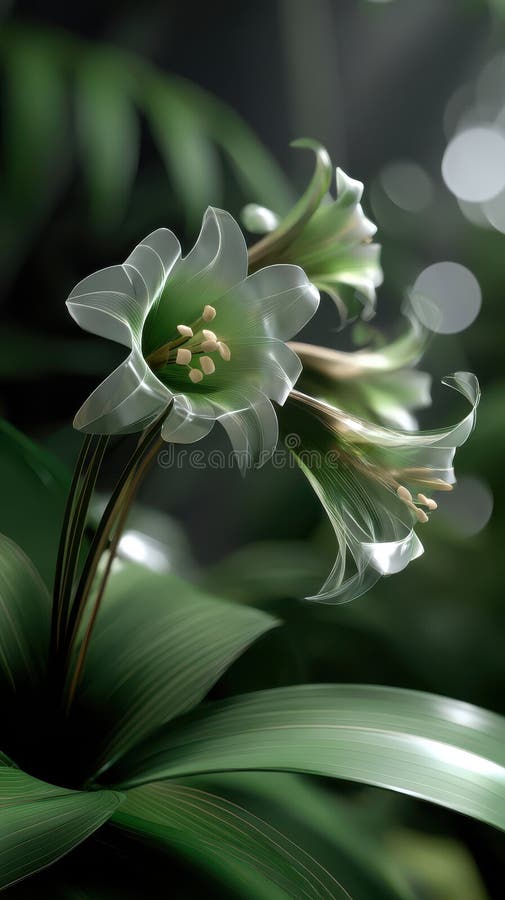 Three Translucent Lily Flowers with Greenery and Bokeh Background ...