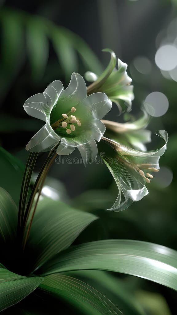 Three Translucent Lily Flowers with Greenery and Bokeh Background ...