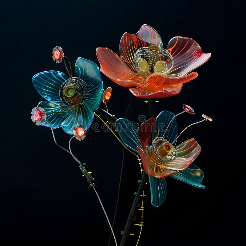 Three Translucent Mechanized Flowers on a Black Background Stock ...