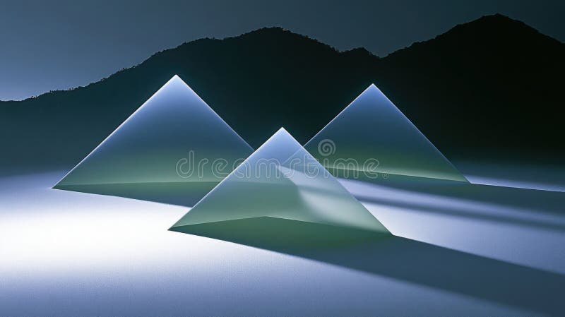 Three Translucent Pyramids Illuminated Against a Dark Mountainous ...