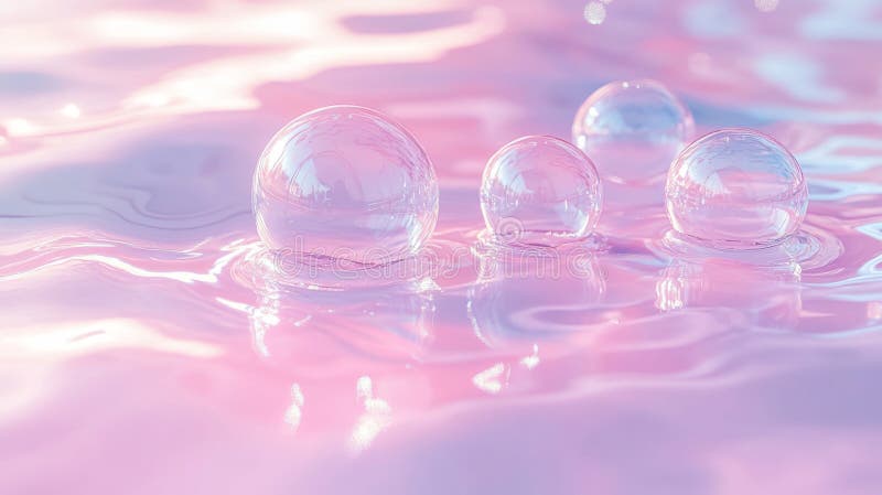 Three Translucent Spheres Float on Pink Liquid Surface Stock ...