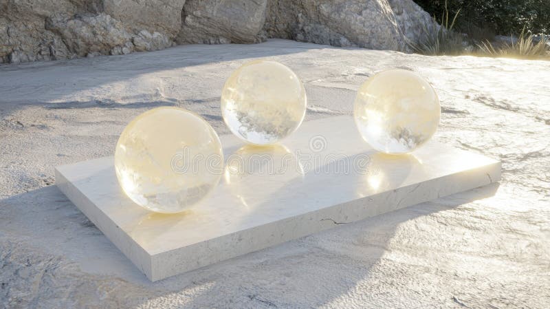 Three Translucent Spheres of Varying Sizes are Arranged on a White ...