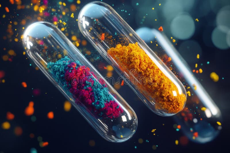 Three Transparent Capsules Filled with Vibrant Powders Float in Mid-air ...