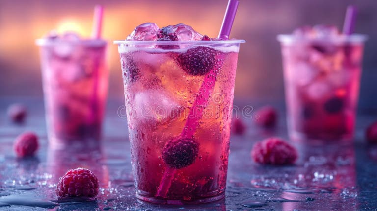 Refreshing Raspberry Drinks with Ice and Colorful Straws in a Vibrant ...