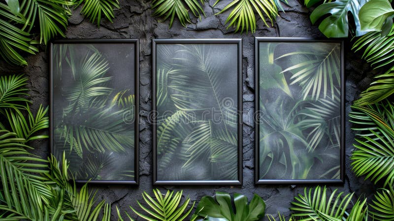 Three Transparent Frames with Space for Text Against Lush Palm Leaf ...
