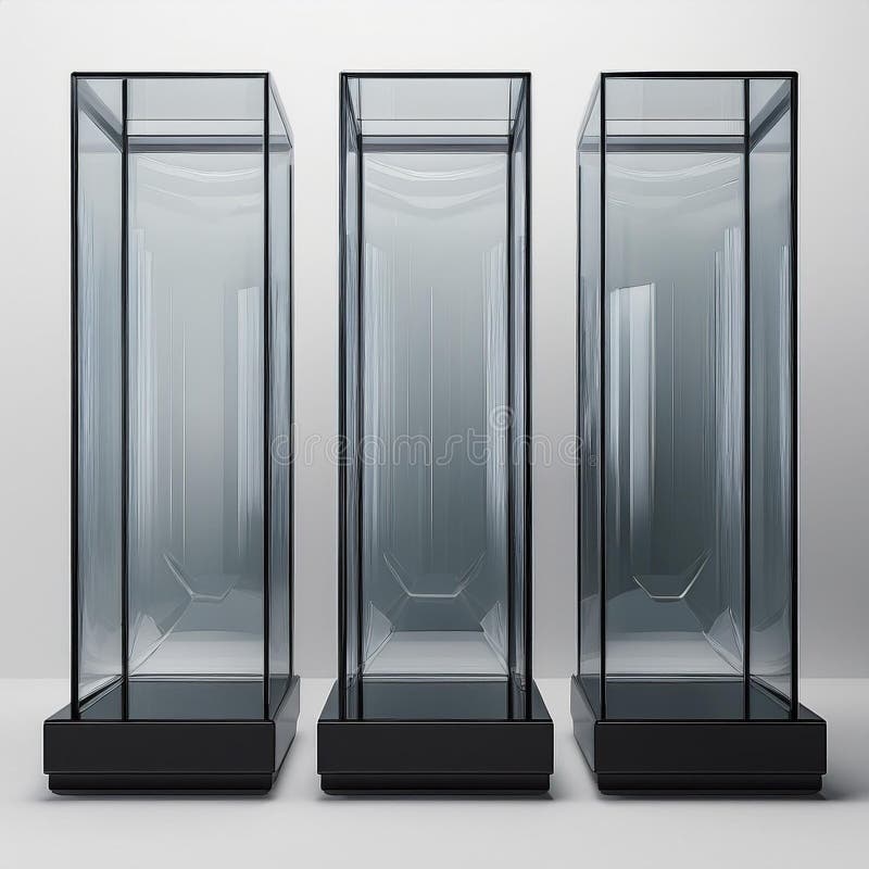 Three Transparent Glass Showcases with Black Bases on a White ...