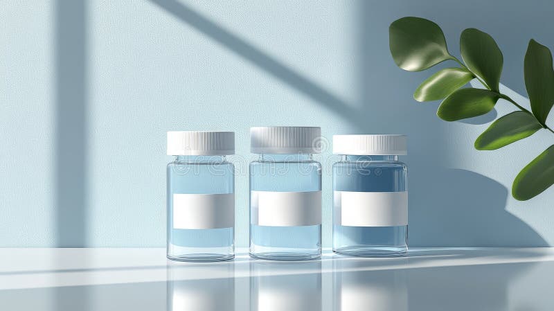 Three Transparent Glass Vials with Blank White Labels on Reflective ...