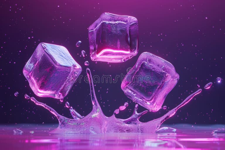 Three Transparent Ice Cubes Fall from Above into a Small Puddle of ...