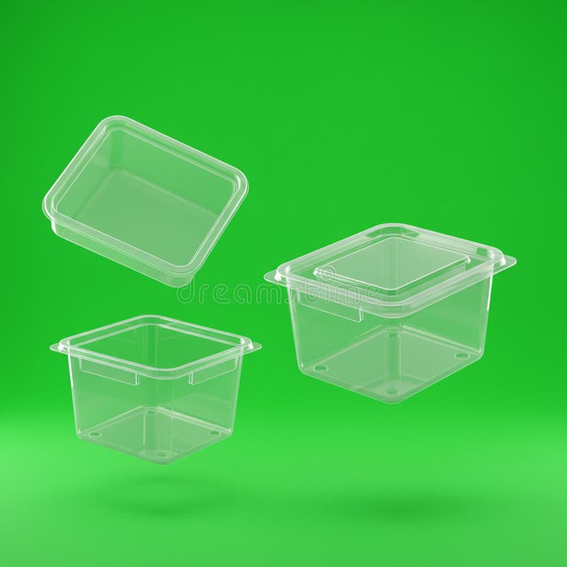 Three Transparent Plastic Containers Float Against a Bright Green ...