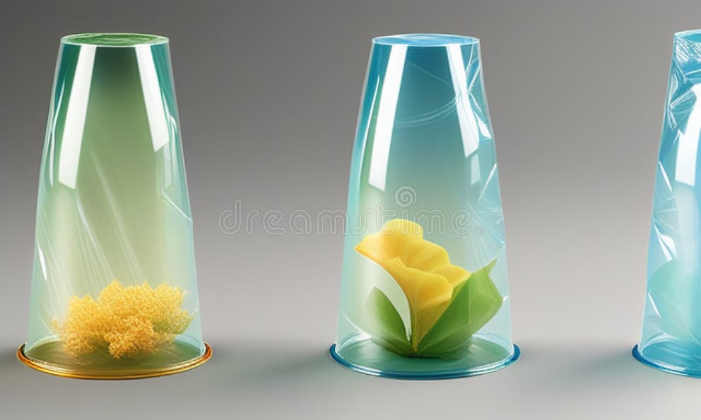 Three Transparent Plastic Cups are Inverted and Arranged in a Row on a ...