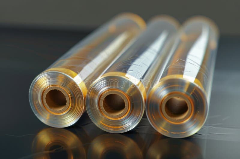 Three Transparent Plastic Rolls Sitting on a Flat Surface Stock Image ...