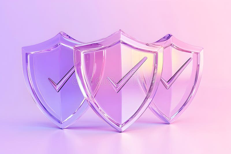 Three Transparent Shields with Check Marks on Pastel Background Stock ...