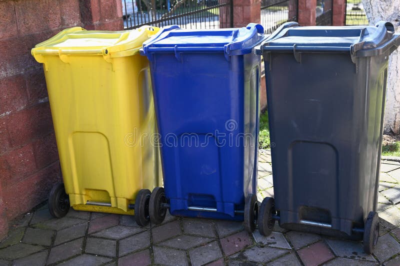 Three Trash Bins for Separate Waste Stock Image - Image of color ...