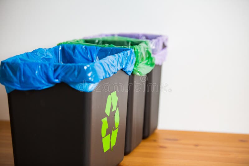 Three Trash Bins with Sorted Garbage Stock Image - Image of household ...