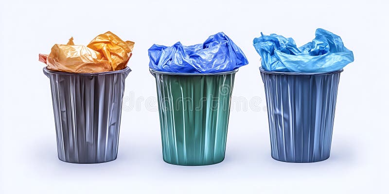 Three Trash Cans with Colorful Garbage Bags Stock Illustration ...