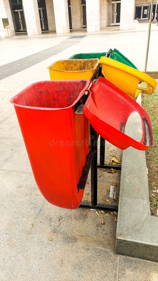 Three Trash Cans Green, Yellow and Red Stock Photo - Image of iron ...