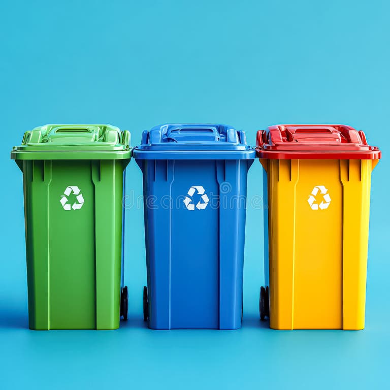 Three Trash Cans are Lined Up on a Blue Background Stock Image - Image ...
