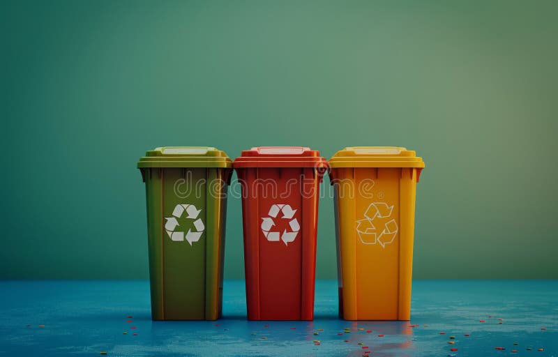 Three Trash Cans in Row Isolated on Green Background Stock Photo ...