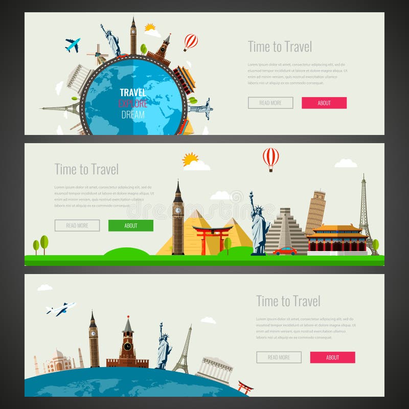 Three Travel and Tourism Headers, Banners with Famous Landmarks. Vector ...