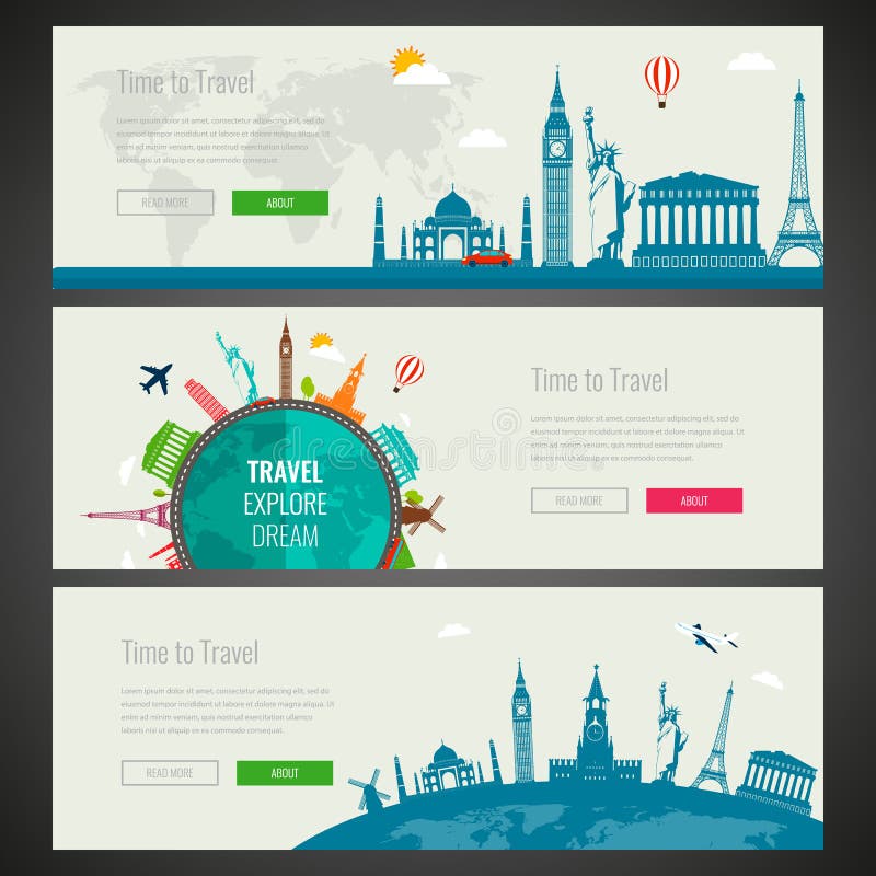 Three Travel and Tourism Headers, Banners with Famous Landmarks. Vector ...