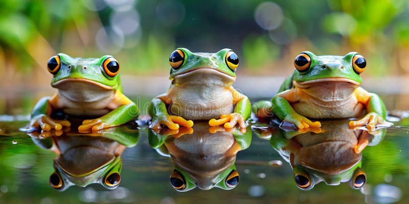 Three Tree Frogs Sitting in a Puddle Looking in Different Directions ...