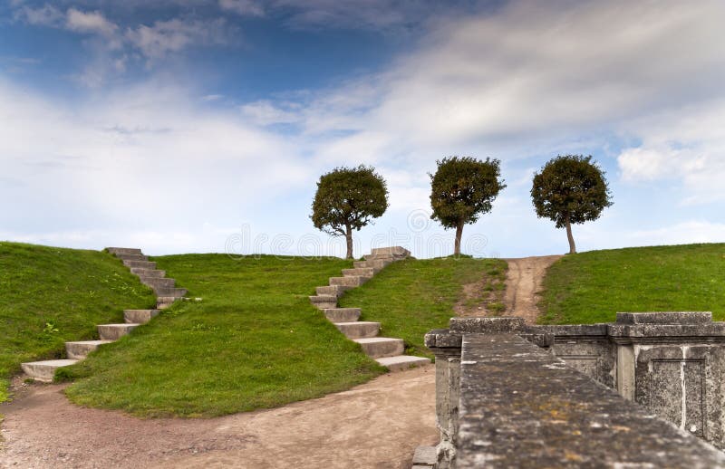 Three trees stock image. Image of steps, stairway, clouds - 27724227