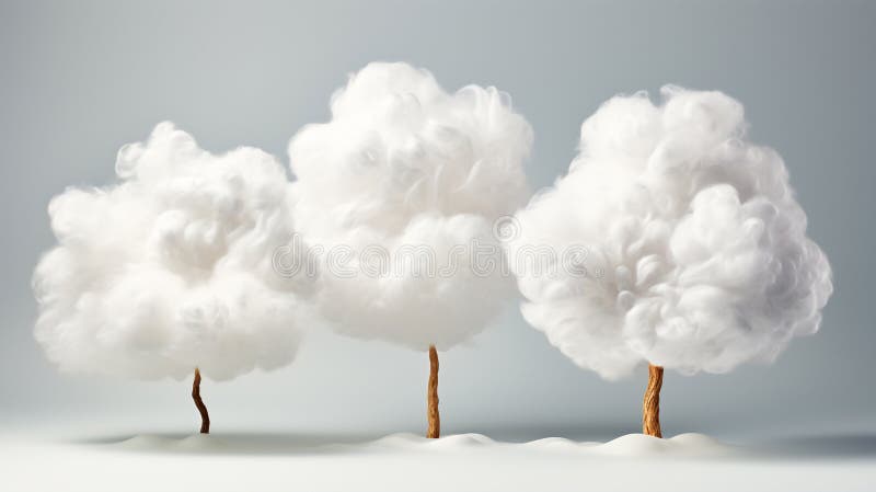 Three Trees with Cotton Clouds Leaves on Blue Background, Surreal ...